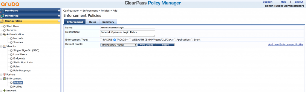 Operator Login with ClearPass TACACS+ - Flomain Networking